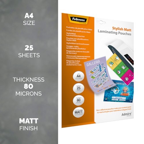 Fellowes A4 Laminating Pouches Matt Finish 25 Sheets 80 Micron High ...