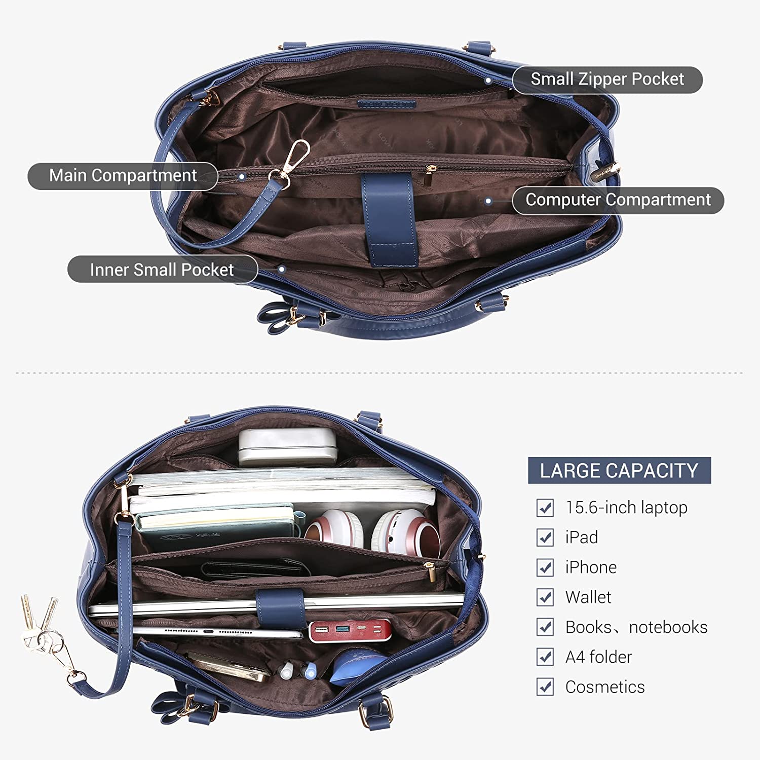 Lovevook Laptop Tote Bag 15.6 Inch Waterproof Leather Computer Bag - Navy