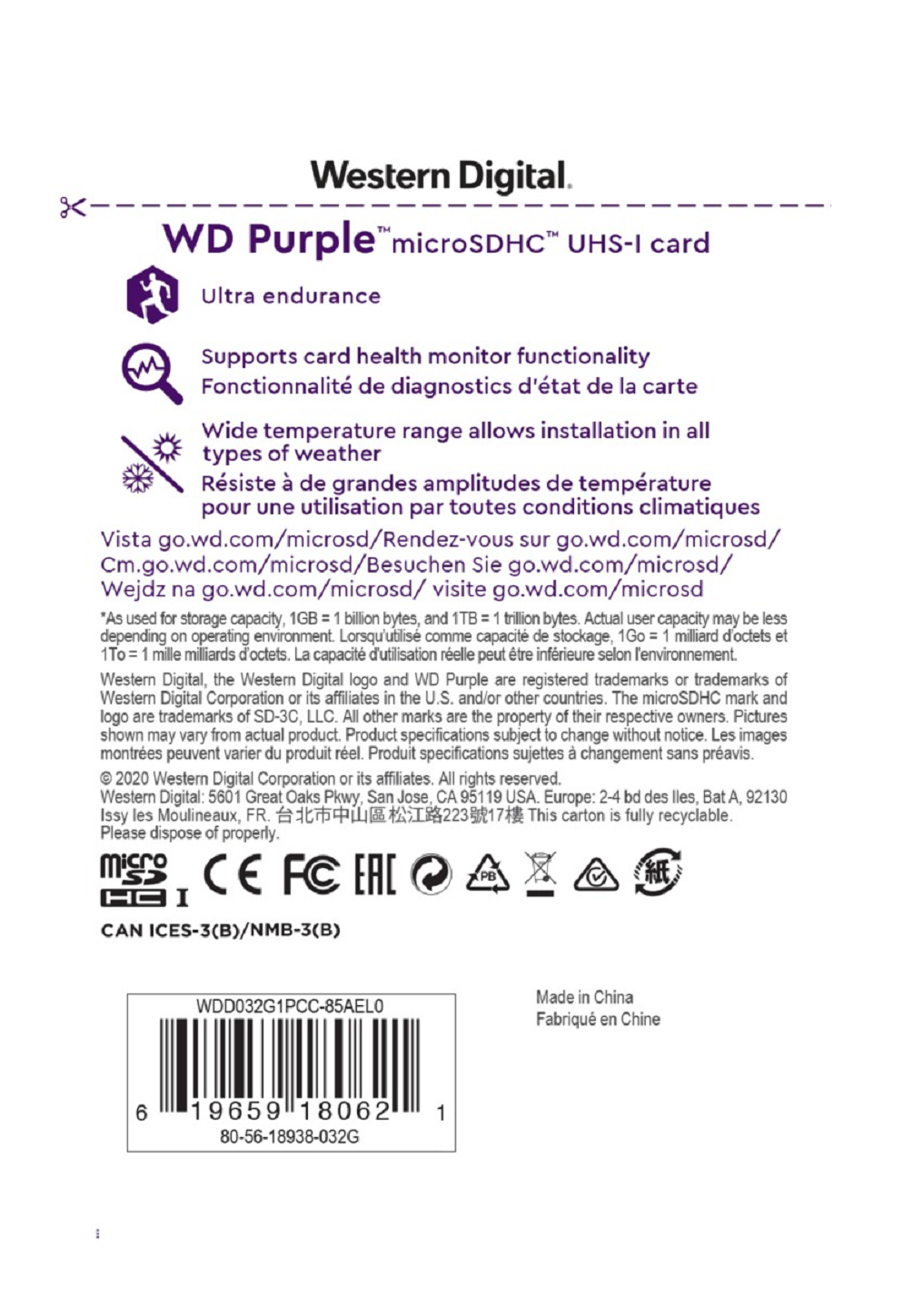 Western Digital SC QD101 Micro SD Card 32GB WD Purple Surveillance ...
